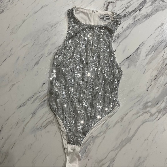 Fashion Nova | Tops | Silver Sequin Bodysuit Medium | Poshmark